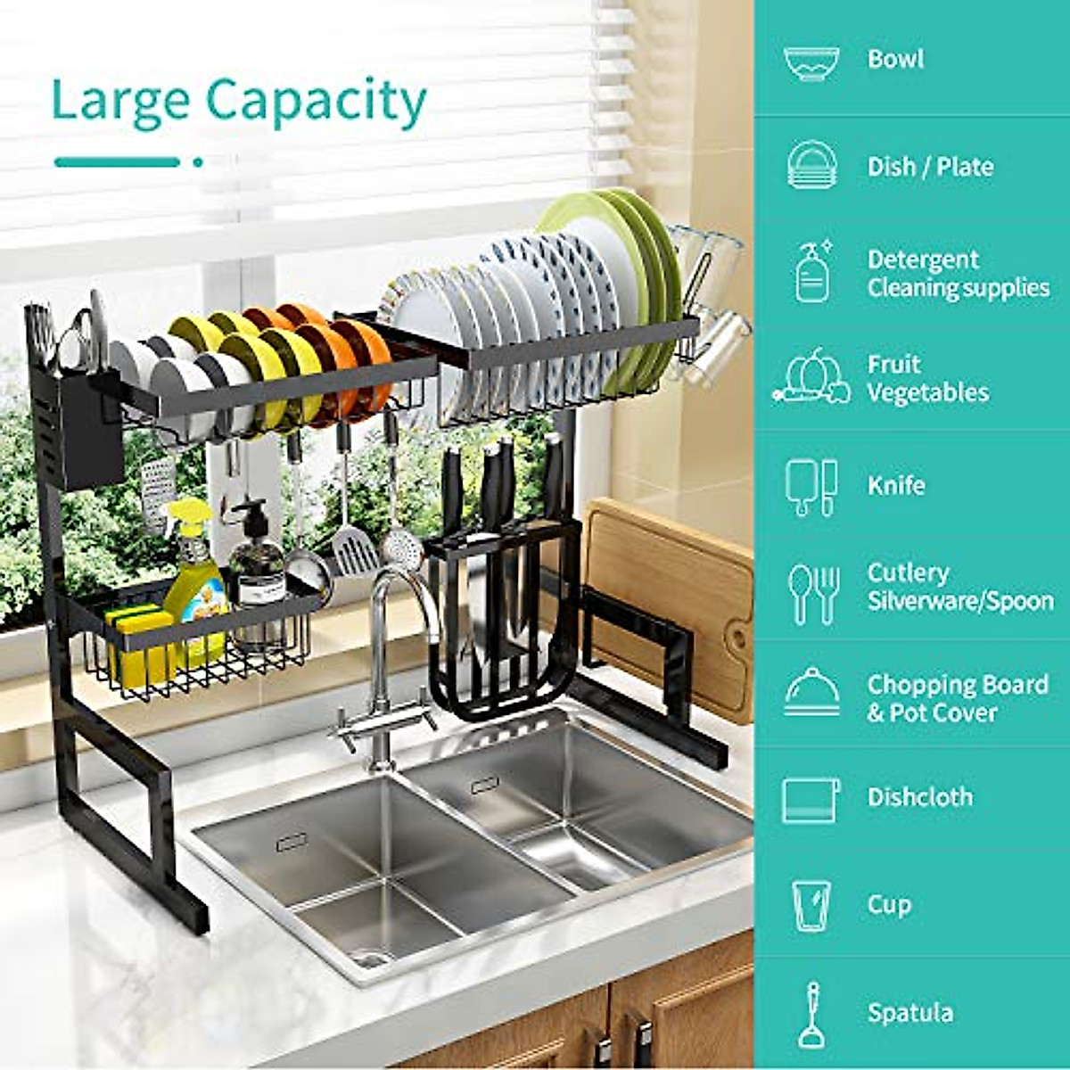 Dish Drying Rack Over Sink Adjustable (25.6"-33.5"),2 Tier Stainless Steel Length Expandable Kitchen Dish Rack,Large Dish Rack Drainer for Kitchen Organizer Storage Space Saver with 10 Utility Hooks