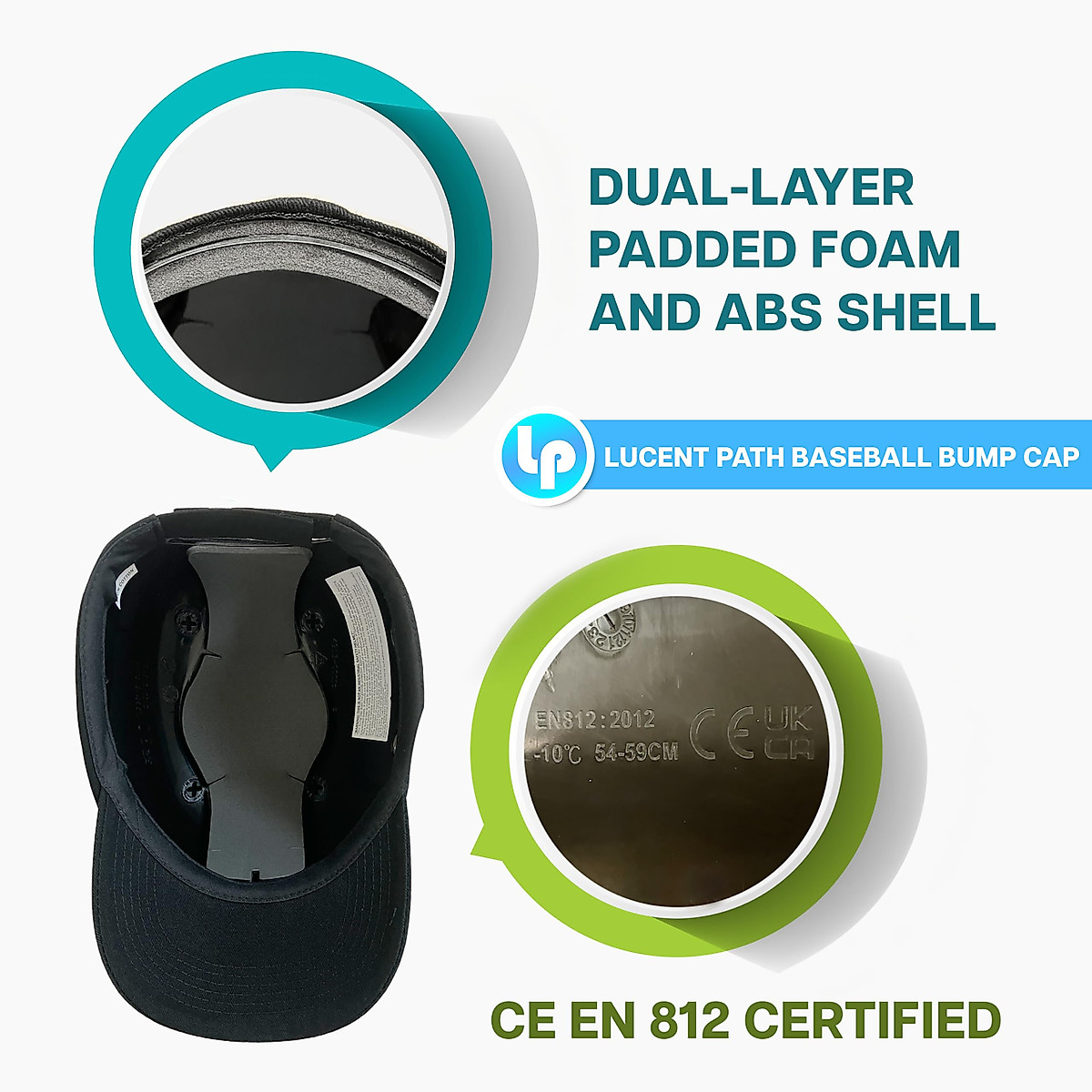 Lucent Path Black Baseball Safety Bump Cap - 100% Cotton, Impact-Resistant ABS Shell, Dual-Layer Padded Foam, Breathable, Adjustable Head Protection Hard Hat Cap