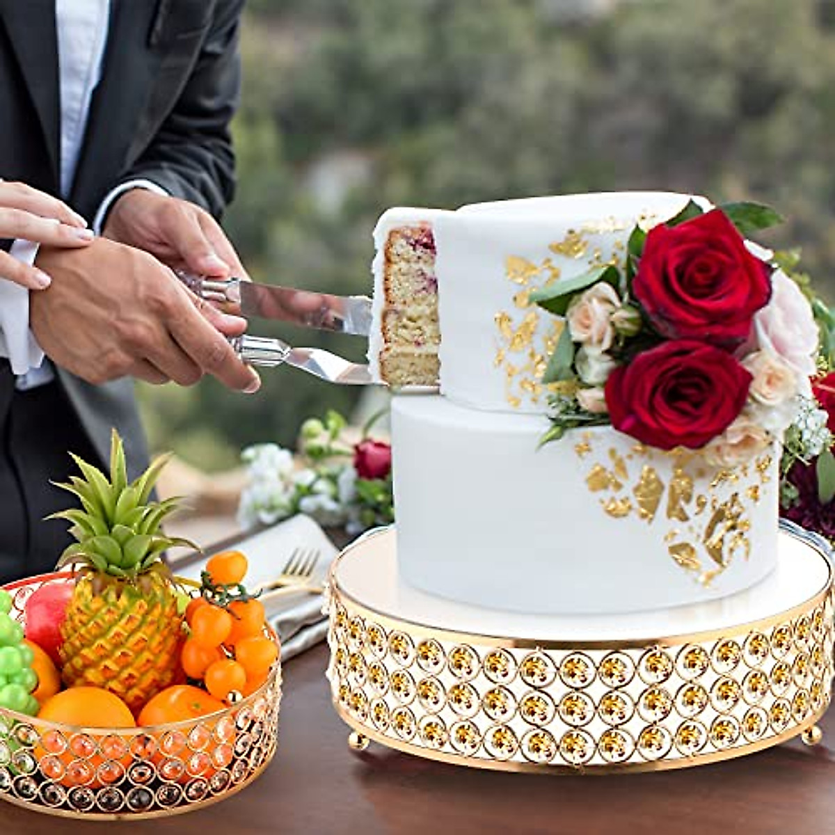 3 Pieces Crystal Beads Cake Stand Set Round Gold Plated Cupcake Stand Holder with Mirror Crystal Dessert Display Stand Cookies Fruit Serving Tray for Wedding Birthday Party Supplies, 10/ 12/ 14 Inches