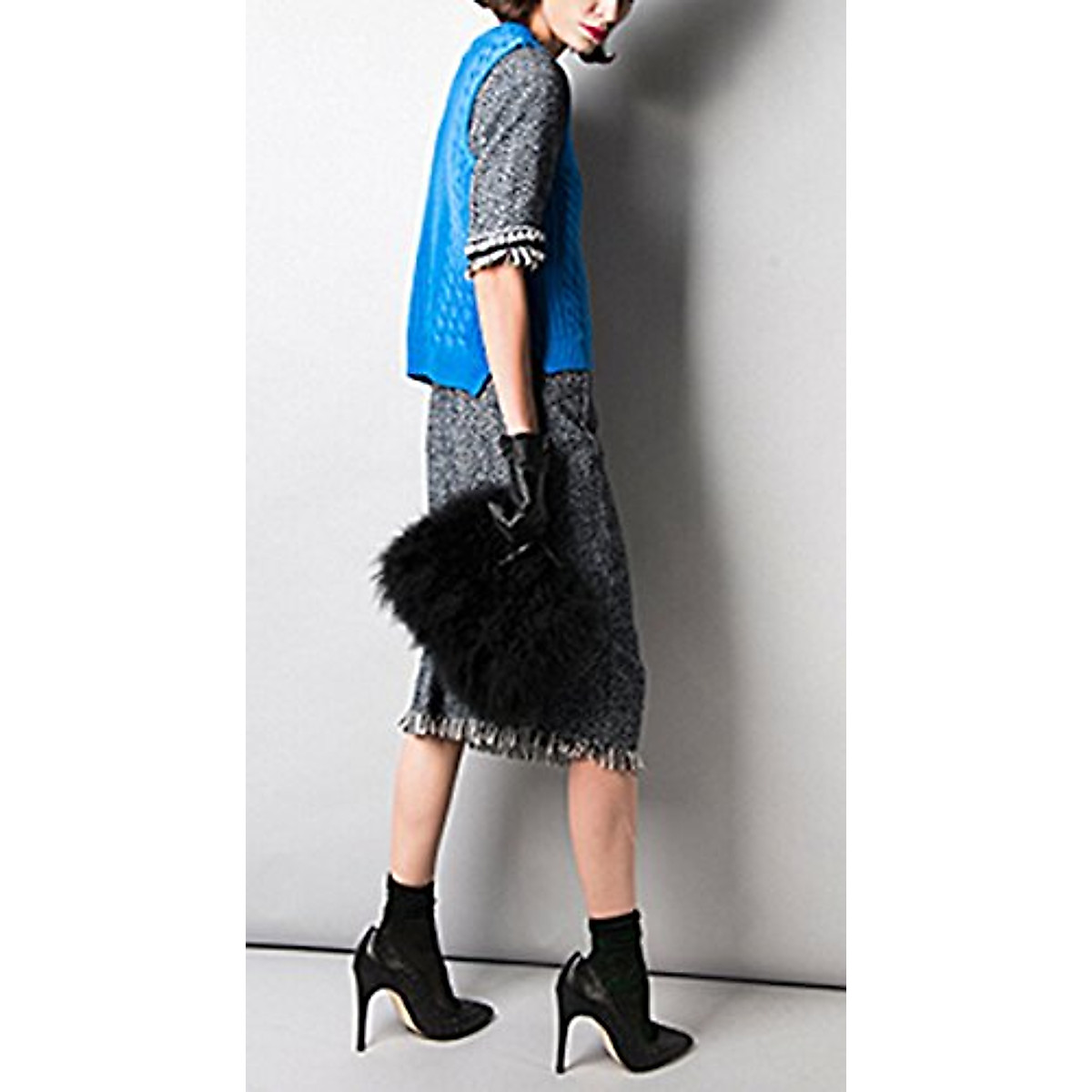Zarapack Womens' Genuine Fluffy Feather Fur Clutch Shoulder Bag (Black)
