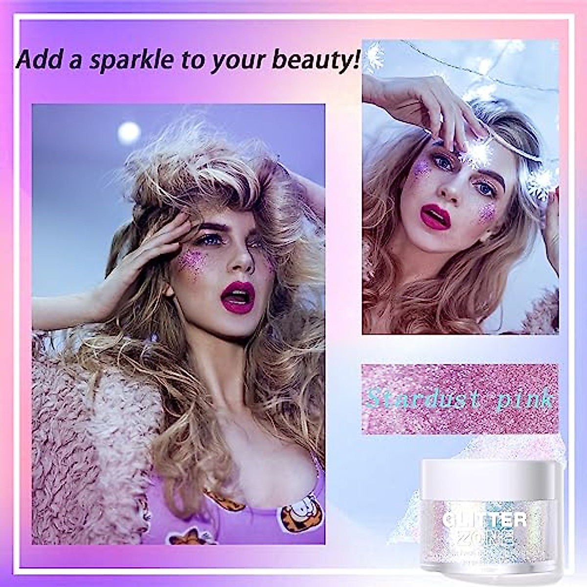 Body Glitter Gel, Quick-Drying & Self-Adhesive Face Glitter, Rave, Concert Glitter Makeup, Holographic Eye,Lip,Hair Glitter, Sparkle Accessories, Cosmetic Grade Sequins(#02 Stardust Pink）