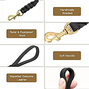 Guiding Star Black Leather Dog Leash 6ft, Soft Durable Genuine Handmade Braided Leather Dog Lead, Heavy Duty Strong Dog Training Walking Dog Leash Leather for Large & Medium Dogs