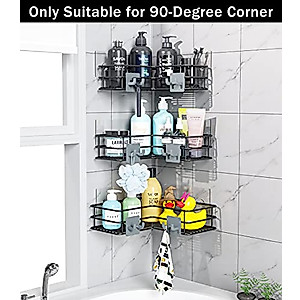 Purdaz Corner Shower Caddy Shelf Organizer with Soap Dish, Rustproof Bathroom Basket with 8 Hooks, Adhesive No Drilling, Black