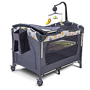 SKIH 5 in 1 baby bedside Sleeper, Bassinet with Toys & Music Box, Mattress, Foldable Playard, Portable Travel crib for Girl Boy Infant Newborn (Grey)