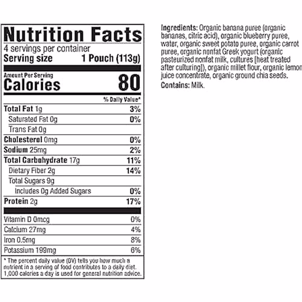 Plum Organics Mighty 4 Organic Toddler Food - Banana, Blueberry, Sweet Potato, Carrot, Greek Yogurt, and Millet - 4 oz Pouch (Pack of 12) - Organic Fruit and Vegetable Toddler Food Pouch