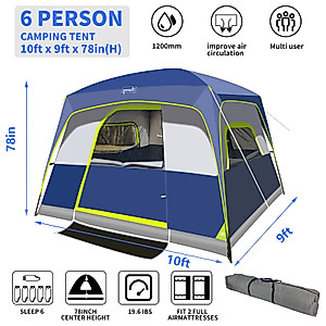 Tents 6 Person Waterproof Windproof Easy Setup, Easy Setup Cabin Tent with Top Rainfly, Double Layer,4 Large Mesh Windows,2 Mesh Door,Provide 2 pcs Gate Mat Camping Tent-10'X9'X78''(H)