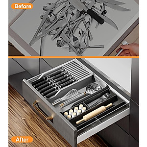 RISHTEN Kitchen Knife Drawer Organizer Grey, In Drawer Knife Block Holder with Expandable Cutlery Tray Compact Organization Drawer Storage Holds Up To 11 Knives (Including Hooks&Sponges)