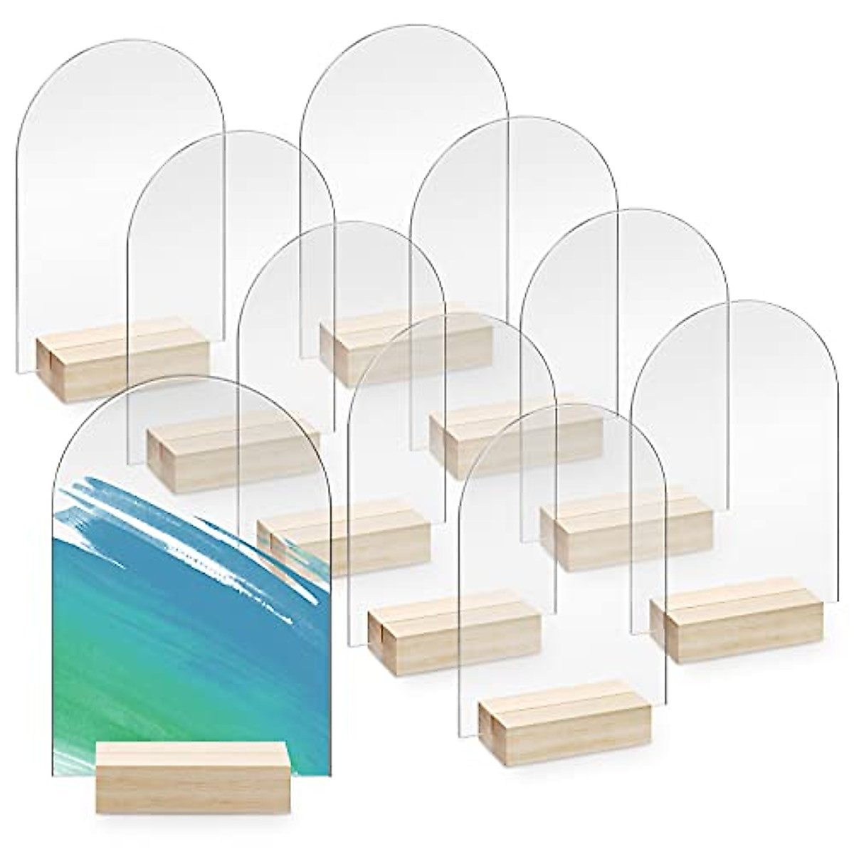 Bercoor 10 Pack 4x6 Inch Blank Clear Arch Acrylic Sign with Wooden Stands, Arched Round Top Acrylic Sheet, DIY Acrylic Arch Table Numbers for DIY Name Card Gifts Event Party Sign Decoration
