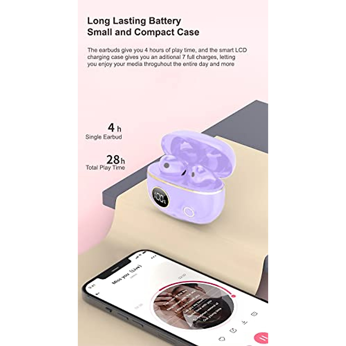 Acuvar in-Ear Wireless Bluetooth 5 Headphones, Earbuds IPX5 Waterproof with Microphone Rechargeable USB C Case with Round LCD Display for Smartphones Android iOS (Purple)