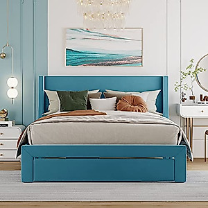 HBRR Queen Size Bed Frame with Drawer and Headboard, Velvet Upholstered Platform Bed with Wood Slats, Mattress Foundation, No Box Spring Needed, Easy Assembly, Blue