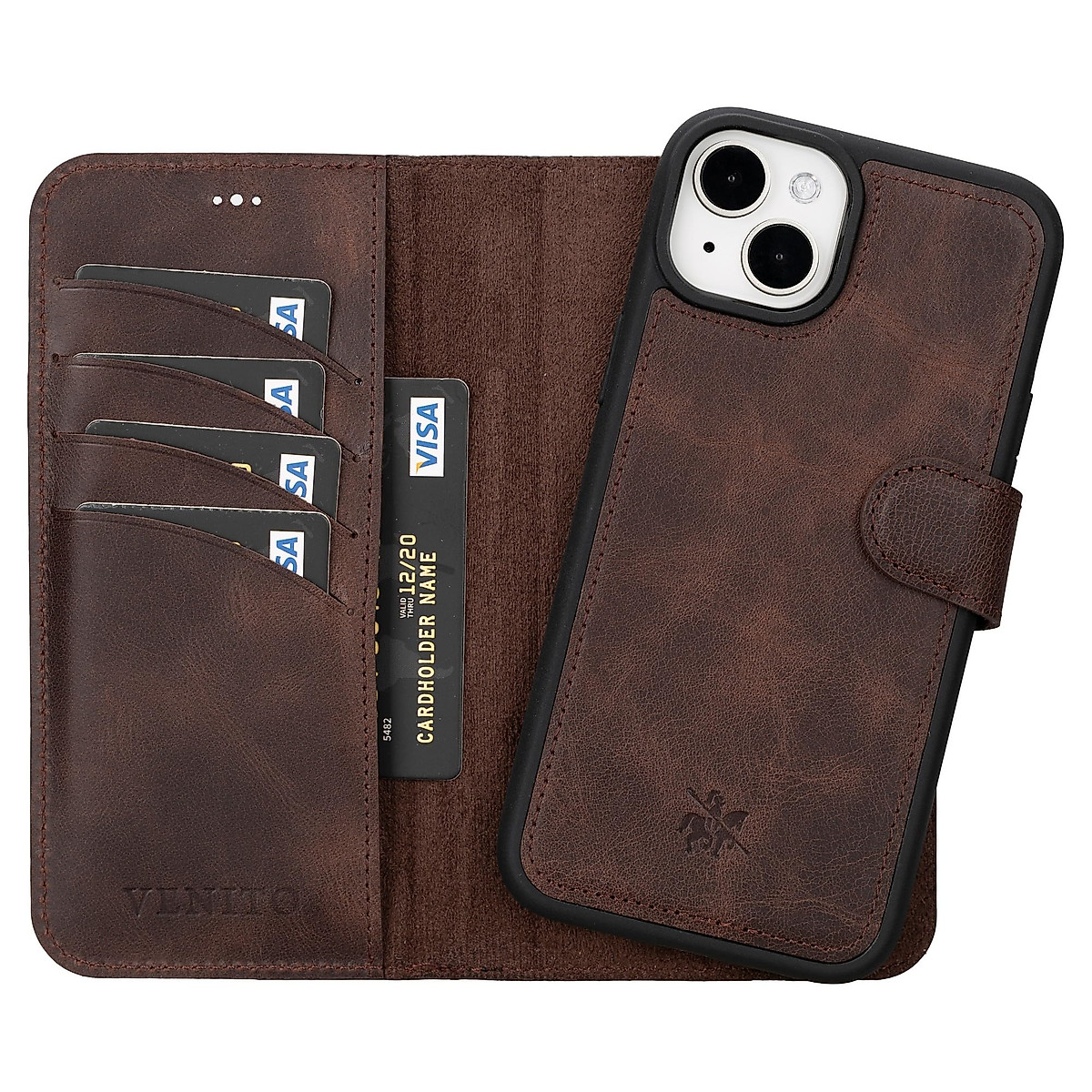 Venito for iPhone 15 Plus Case Wallet with Card Holders and RFID Blocking, Leather Phone Case, Magnetic Closure Detachable Phone Cover 6.7 inches, Ravenna - Coffee Brown