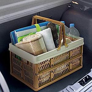 Portable Large Capacity Picnic Basket, Pack of 2 Storage Boxes with Handles, Foldable Plastic Grocery Shopping Basket (Coffee with Off-White)