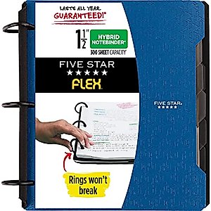 Five Star Flex Refillable Notebook + Study App, College Ruled Paper, 1-1/2 Inch TechLock Rings, Pockets, Tabs and Dividers, 300 Sheet Capacity, Blue (29324AD2)