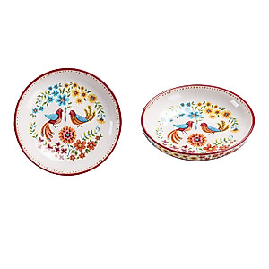 Bico Red Spring Bird Ceramic Pasta Bowl, Set of 5(1 unit 214oz, 4 units 35oz), for Pasta, Salad, Microwave & Dishwasher Safe