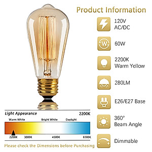 Figame ST64 Edison Bulb 60W 6 Packs, 110-130 Volts, E26/E27 Base Dimmable, Retro Edison Bulb 6 Packs, 2200k Amber Warm Yellow, Decorative Antique Filament Bulb Household Lighting Fixtures
