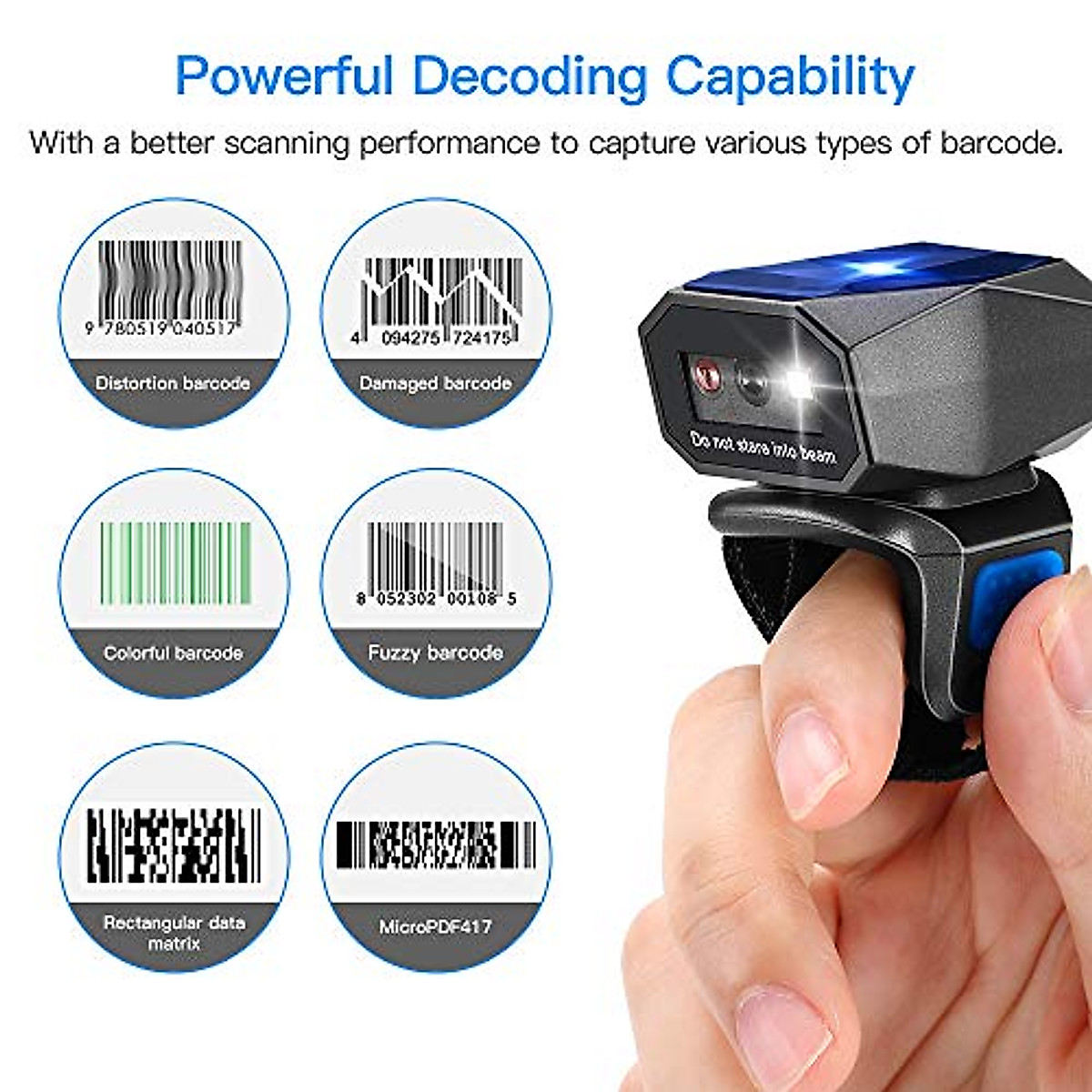 Upgraded Eyoyo 2D Ring Barcode Scanner Bluetooth, USB Wired & 2.4G Wireless & Bluetooth Mini Wearable Bar code Scanner, 1D 2D QR Image Barcode Reader PDF417 Data Matrix for iPhone, Andriod, Tablet, PC