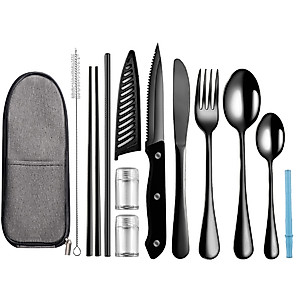 Logcow Portable Travel Utensils Set,Reusable Camping Cutlery Set,Stainless Steel Flatware Set with Case,Lunch Boxes Workplace Camping School Picnic (Black)