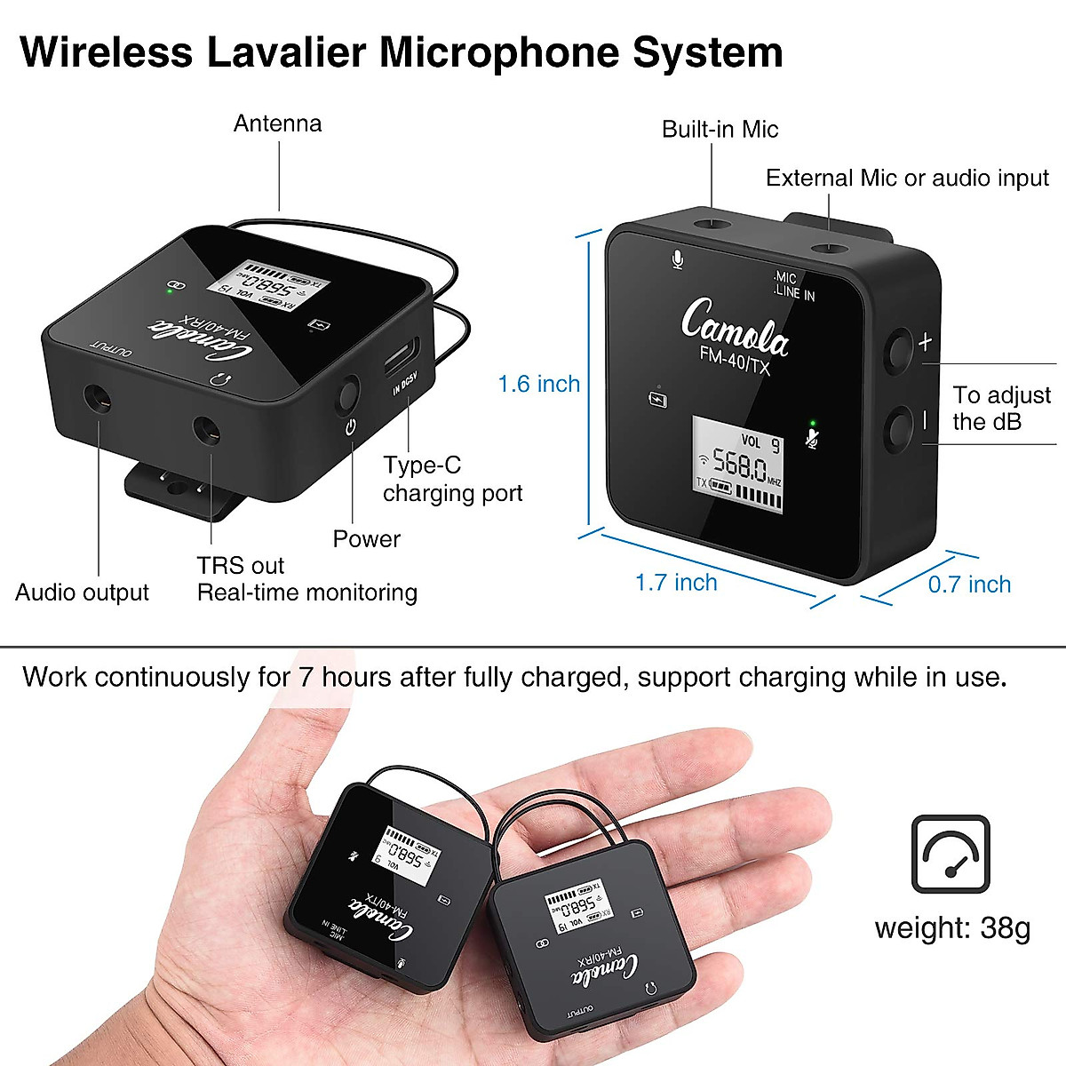 Camola UHF Wireless Microphone for Camera DSLR,Movie Lavalier Mic with Receiver USB Wireless Microphone for Interview&Wireless Lavalier Microphone for Smartphone for Vlogging Video Recording
