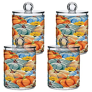 Kigai Pumpkin and Sunflower Qtip Holder Dispenser - 14OZ Clear Plastic Apothecary Jars Food Storage Jar with Lids Bathroom Canister Organizer for Coffee, Tea, Candy, Floss (2Pack)