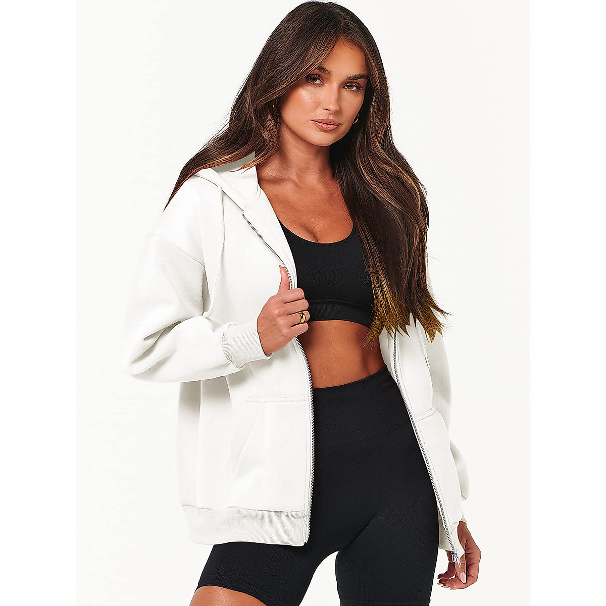 ANRABESS Womens Zip Up Hoodies Long Sleeve Oversized Sweatshirts Fleece Y2K Jacket Pockets 2025 Fall Outfits Fashion Clothes White Small