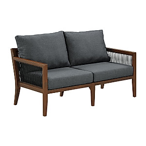 Nathan James Freya Bohemian Wood Loveseat, Upholstered Loveseat Sofa for Patio, Solid Acacia Wood Frame, Dark Acacia