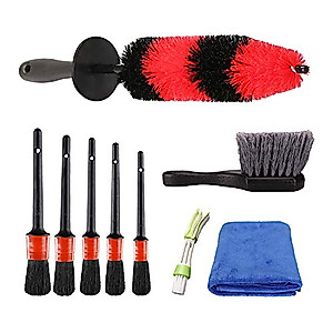 SPTA 9Pcs Wheel & Tire Brush Car Detailing kit, Easy Reach Wheel and Rim Brush, 5pcs Detailing Brushes, Short Handle Cleaning Brush, 1pc Microfiber Cleaning Cloth, Great to Clean Dirty Tires