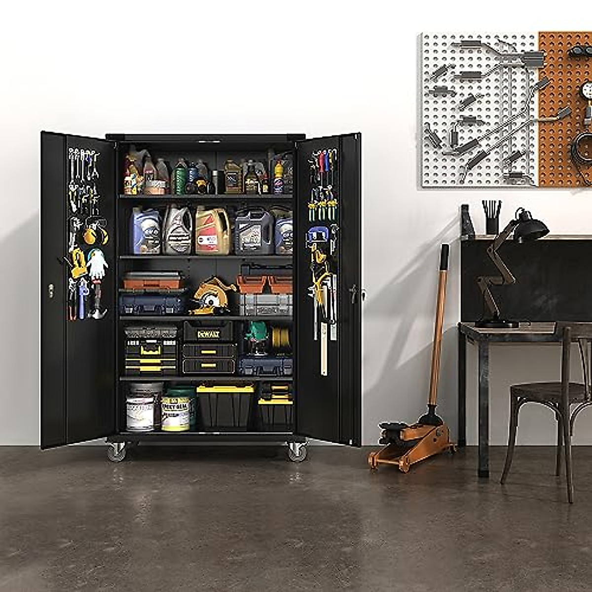 VINGLI 72" H Upgraded Tall & Wide Black Metal Storage Cabinet with Pegboards in Doors and 4 Adjustable Shelves, Garage Cabinet and Storage System with Wheels, Locking Cabinet for Home Office, Basement