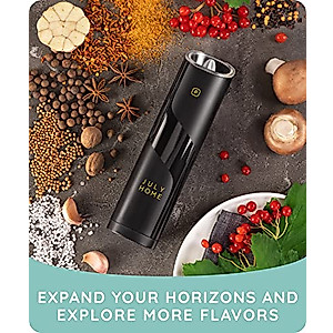 JULY HOME Gravity Electric Salt and Pepper Grinder Set, 2 Pack, Battery Operated, Adjustable Coarseness, One Hand Operation Electric Pepper Grinder with LED Light & Cleaning Brush (Packaging may vary)
