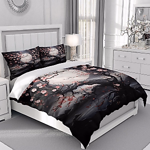 CCoutueChen King Black Pink Cherry Blossom Duvet Cover Japanese Style Cherry Blossoms Duvet Cover Set 3Pcs Vintage Floral Bedding Set with Zipper Closure 4 Ties (2 Pillowcases, No Comforter)
