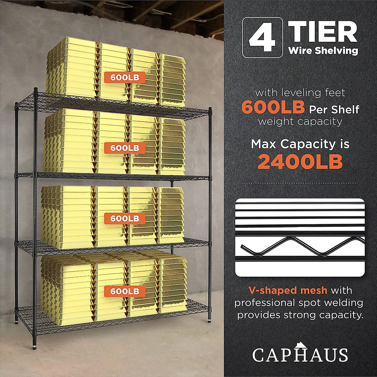 CAPHAUS 4-Tier Commercial Grade Heavy Duty Adjustable Height Wire Shelving w/Wheels & Leveling Feet, Storage Metal Steel Shelf, Garage Shelving Storage, Utility Wire Rack Storage Shelving Unit, 60”W
