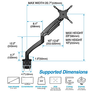 AVLT Single 17"-49" Super Ultrawide Monitor Arm for Screens Up to 50 lbs, Premium Aluminum Desk Stand, Adjustable Pneumatic Height, Full Motion Swivel Tilt Rotation, USB 3.0 & AUX Ports, Black