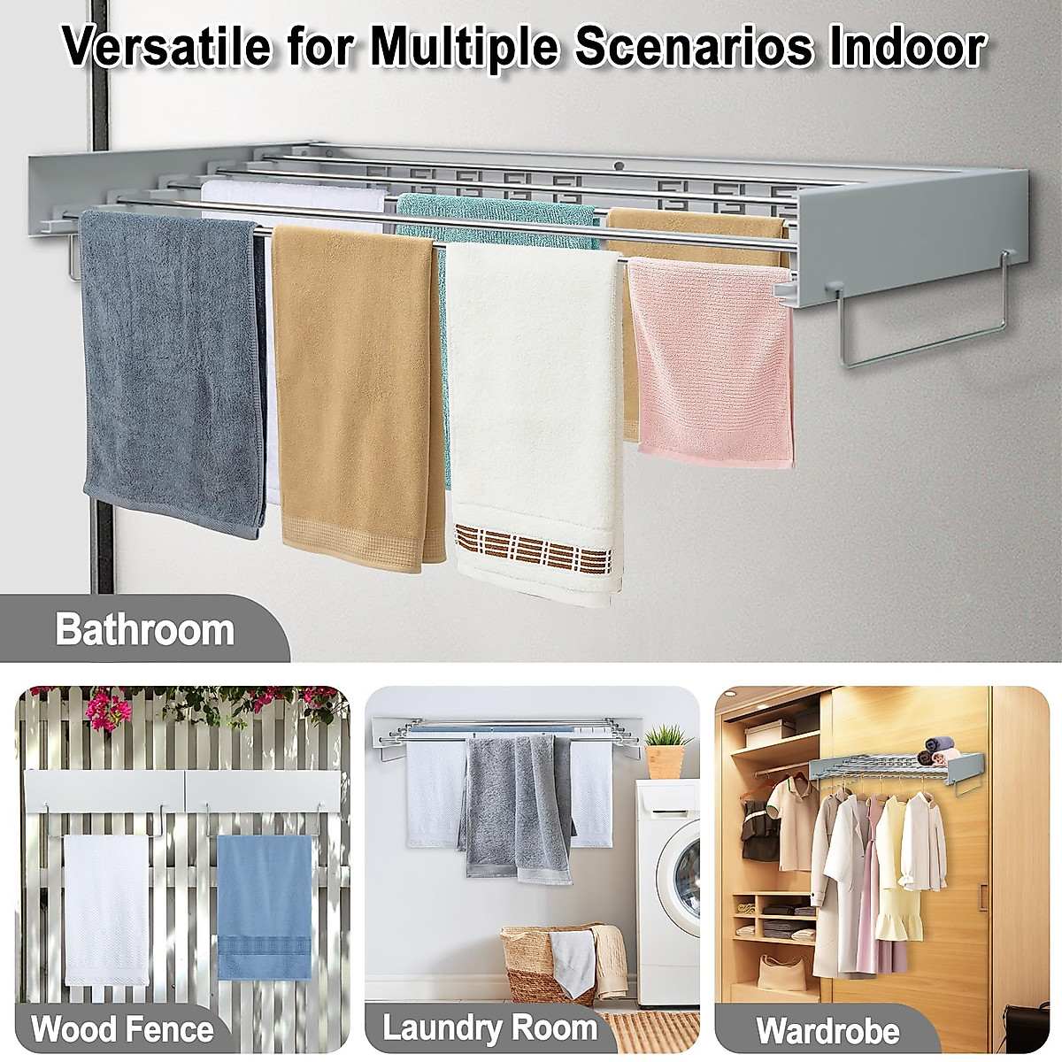 CROSDE Clothes Drying Rack Foldable, Wall Mounted Retractable Clothing Laundry Rack, Space Saving Heavy Duty Hanger Dryer Rack for Indoor Outdoor, 110 lb Capacity (Silver 32'')