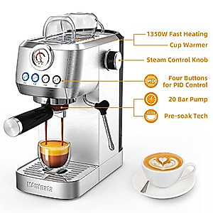 MAttinata Espresso Machine, 20 Bar Professional Espresso Maker Stainless Steel with Milk Frother Steam Wand and Pressure Gauge, for Cappuccino, Latte, Gifts for Mom, Dad, Coffee Lovers