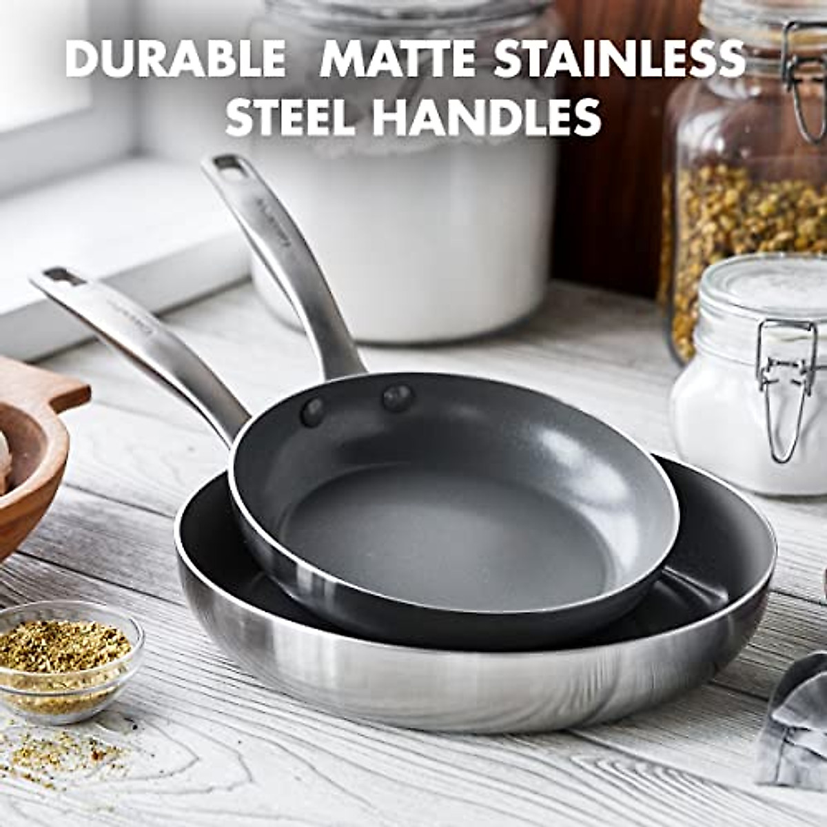 GreenPan Chatham Tri-Ply Stainless Steel Healthy Ceramic Nonstick 10" and 12" Frying Pan Skillet 2-Piece Set, PFAS-Free, Multi Clad, Induction, Dishwasher Safe, Oven Safe, Silver