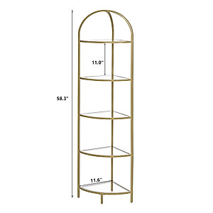Homhedy 5-Tier Corner Shelf Stand, Metal Corner Bookshelf, Tempered Glass Shelves, Bathroom Storage Rack Shelf, Plant Stand, Modern Style,Golden