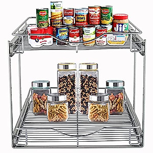 DINDON 2 Tier Pull Out Cabinet Organizer (11" W x 18" D) Heavy-Duty Metal Sliding Drawer Shelf, Two Tier Pull Out Shelves for Kitchen Cabinets, Pantry, Bathroom, Chrome Finish