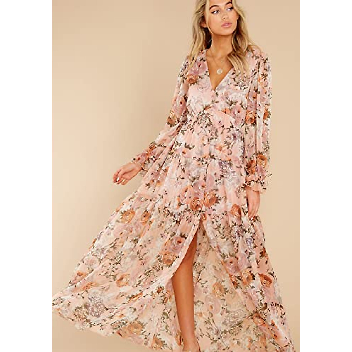 Women's Long Sleeve Floral Maxi Dress V Neck Casual Long Dresses Cocktail Beach Party Maxi Dress Pink