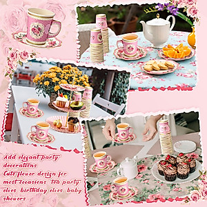Tioncy 100 Pcs Tea Party Decorations Include 50 Pieces 9 oz Floral Paper Tea Cups with Handle and 50 Plates Disposable Blossom Teacups and Saucers Sets for Girls Birthday (Floral)