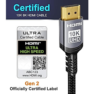 Sniokco 10K 8K HDMI 2.1 Cable 16FT, Certified 48Gbps Ultra High Speed HDMI® Cable 4K 240Hz 165Hz 120Hz 8K 60Hz eARC HDCP2.3 HDR10+ Compatible with PC TV Monitor Projector Ro-ku Sky-Q PS5 X-Box