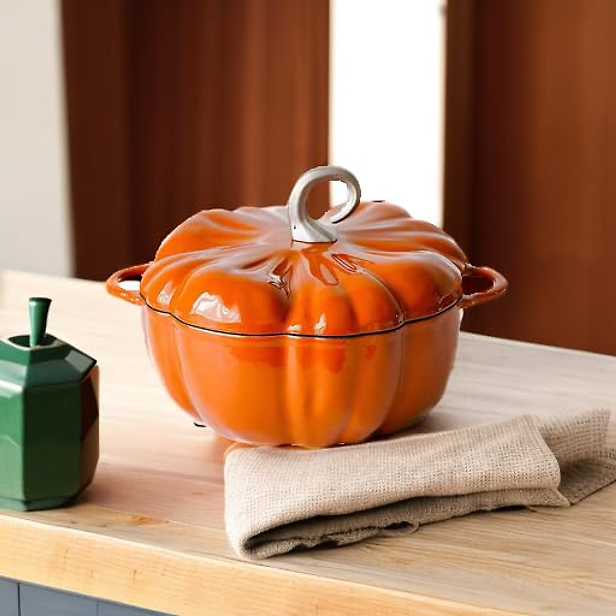QQXX 4QT Pumpkin Cocotte,Pumpkin Cast Iron Dutch Oven,3.7l Pumpkin Pot Casserole with Lid and Handles,Non-Stick Stew Pot Soup Pot Halloween Cooking Pot for Soup Porridge Stew Gift