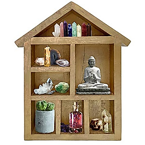 WANDA LIVING Artisan Crystal Shelf Display - Natural Wood Shelf for Crystals, Gems, Oils & More - Boho Mini-House Crystal Display Shelf - Crystal Display Case for Energy, Mindfulness & Peace