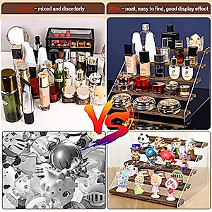 DILIBRA 5 Tier Wood Display Stand for Pop Figures, Clear Acrylic Display Riser Shelf for Vendors Amiibo Funko Cupcakes Perfumes Candies Cosmetics Decoration and Organizer