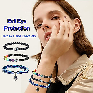 RUIZHEN 3Pcs Evil Eye Hamsa Hand Stretch Bracelet 7 Chakras Gemstone Lava Stone Aromatherapy Essential Oil Diffuser Bracelet for Women Men (A)
