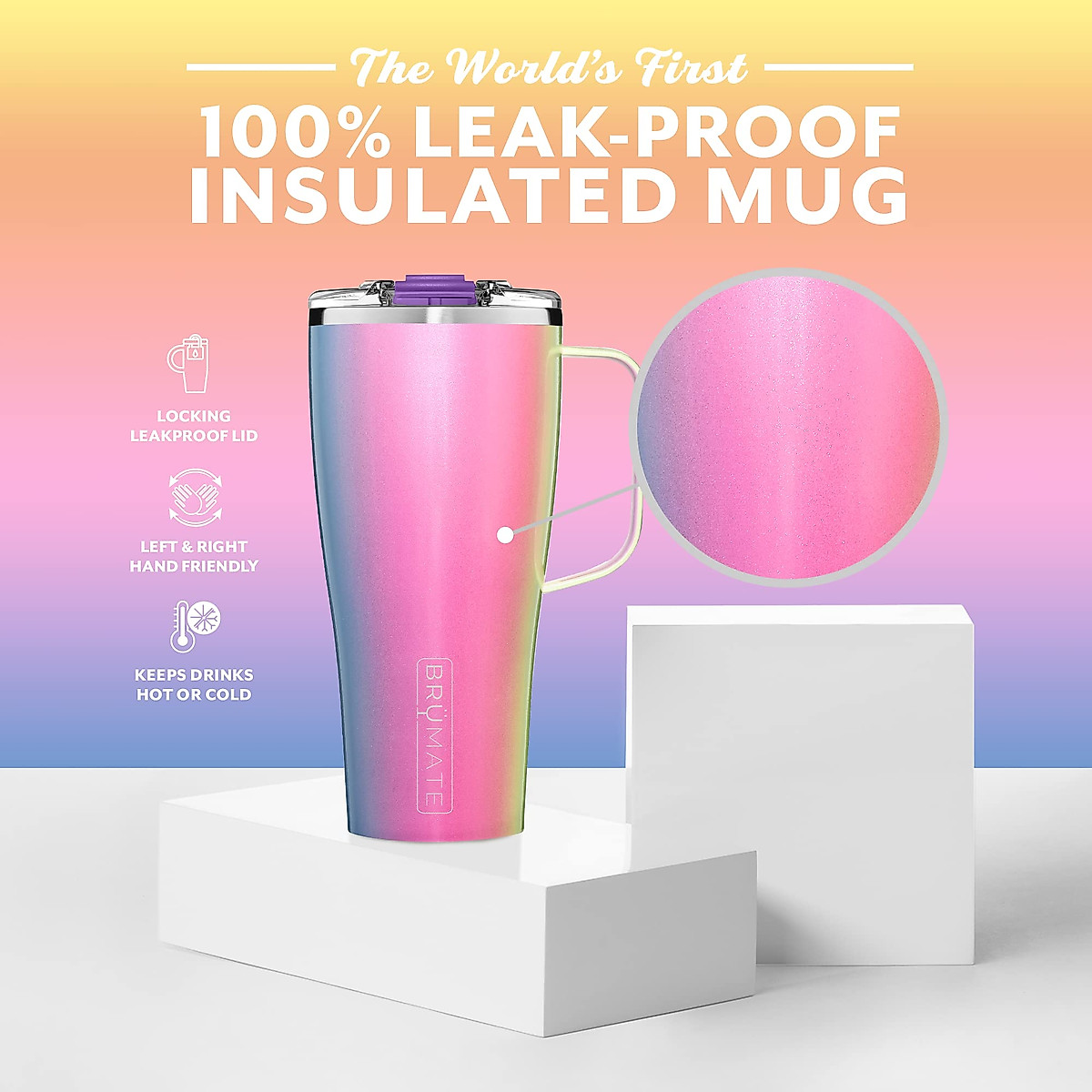 BrüMate Toddy XL - 32oz 100% Leak Proof Insulated Coffee Mug with Handle & Lid - Stainless Steel Coffee Travel Mug - Double Walled Coffee Cup (Glitter Rainbow)