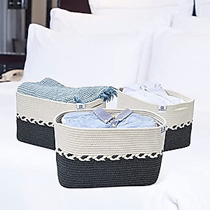 RITHLELA Bundle of Cotton Rope Basket Set, Woven Laundry Basket for Blankets Toys Clothes, Nursery Storage Basket with Handles - dark gray