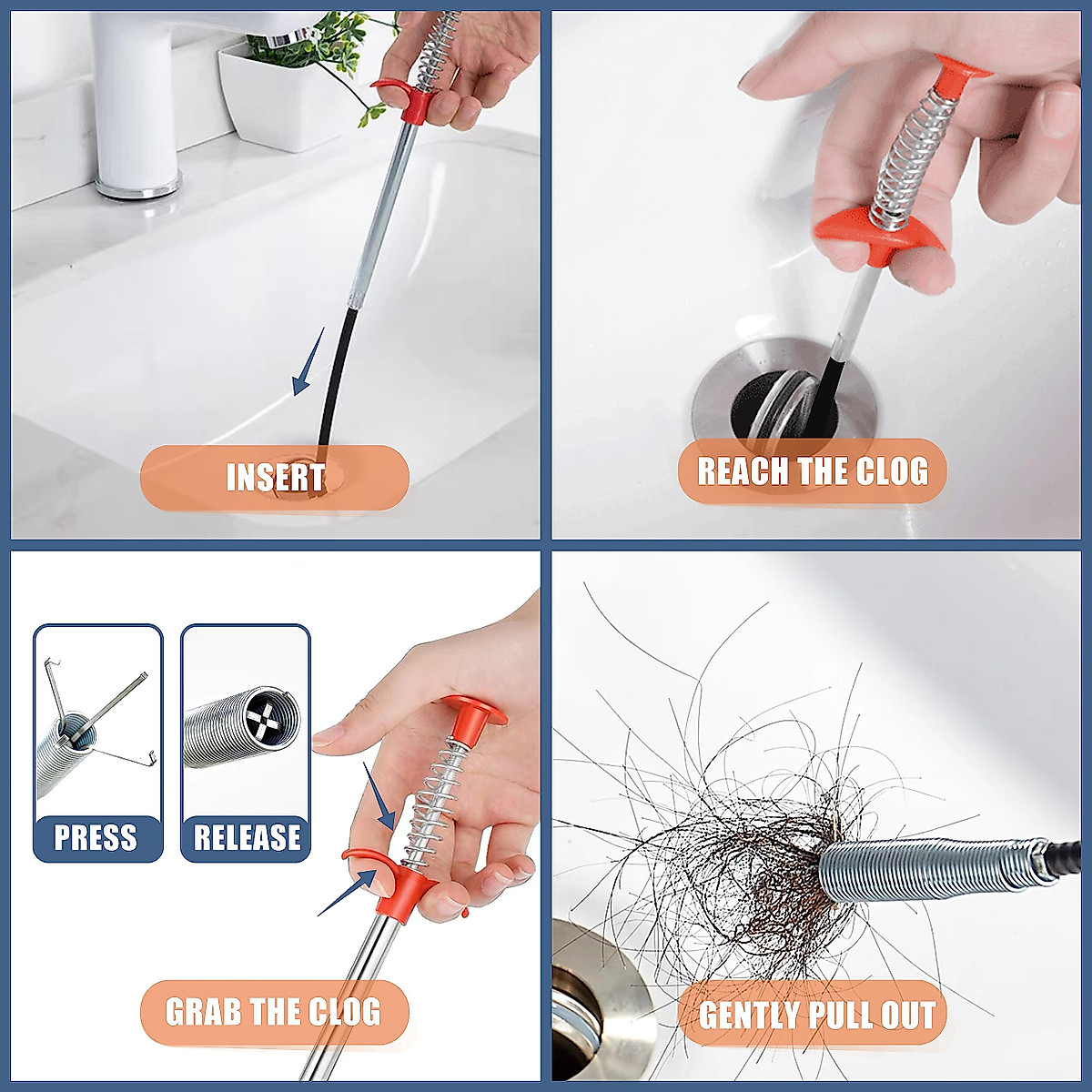 35.5inch Drain Clog Remover(1pcs), 25inch Drain Snake Hair Remover(6pcs) ＆ Cleaning Brush(2pcs), Hair Catcher Drain Auger Cleaner Tool Set For Toilet, Kitchen Sink, Bathroom Tub, Sewer, 9 Pack