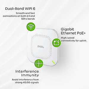 ZyXEL WiFi 6 AX1800 Wireless Gigabit Access Point | Mesh, Seamless Roaming, Captive Portal & MU-MIMO | WPA3 Security | Cloud, App or Direct Management | POE+ | AC Adapter Included |NWA90AX