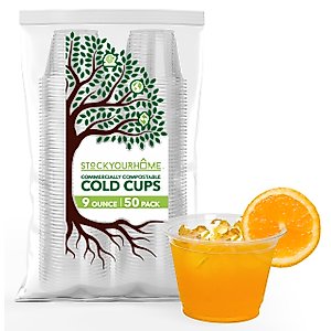 Stock Your Home 9 oz Clear Commercially Compostable Cold Cups Plant Based Eco Party Cup, Environmentally Friendly Recyclable Disposable Sustainable for Water, Wine & Beer Sample (50 Pack)