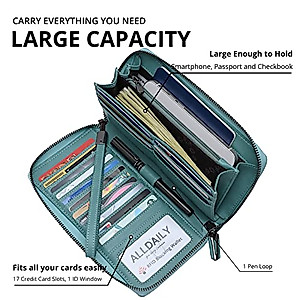 Women's RFID Blocking Leather Zip Around Wallet Large Phone Holder Clutch Travel Purse Wristlet (Purist Blue)