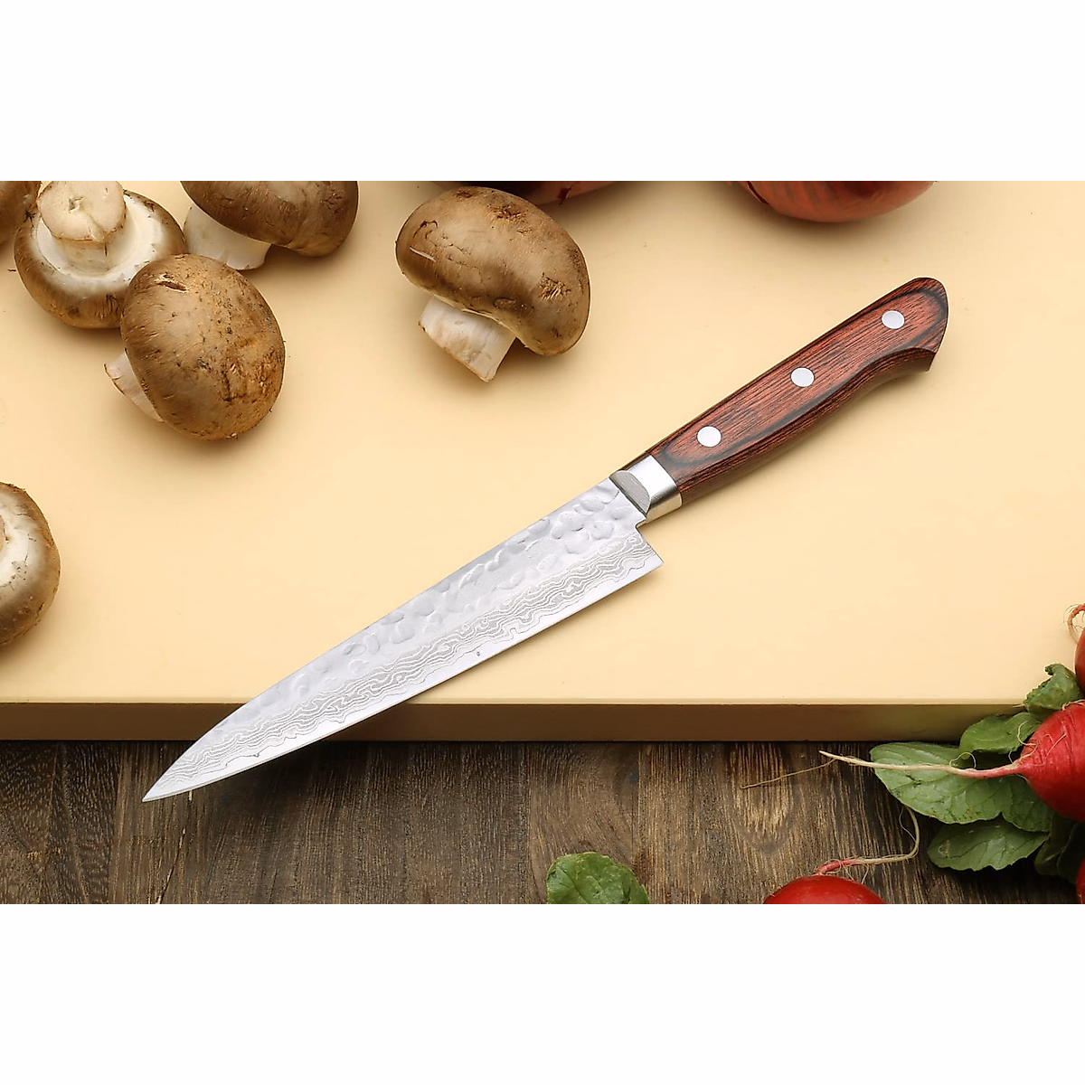 Yoshihiro VG10 16 Layer Hammered Damascus Stainless Steel Gyuto 8.25'' (210mm) Japanese Chefs Knife & Petty Utility Knife 5.3'' (135mm) SET